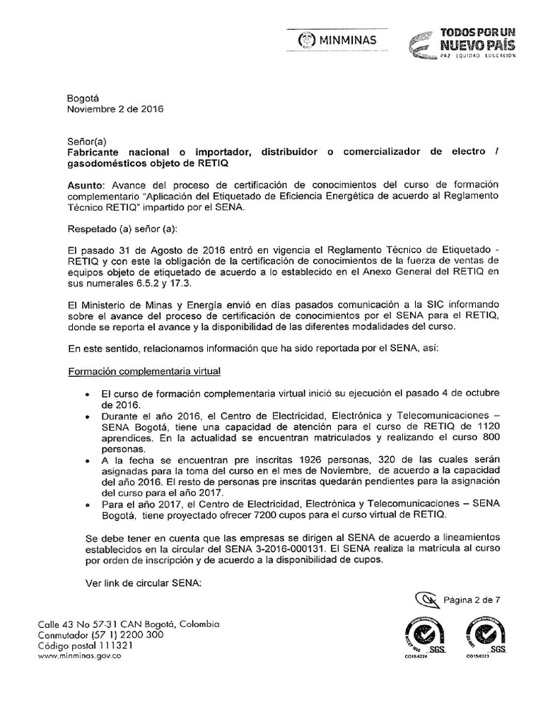 Comunicación-Avance Del Proceso de Certificación de CCF RETIQ Por SENA ...