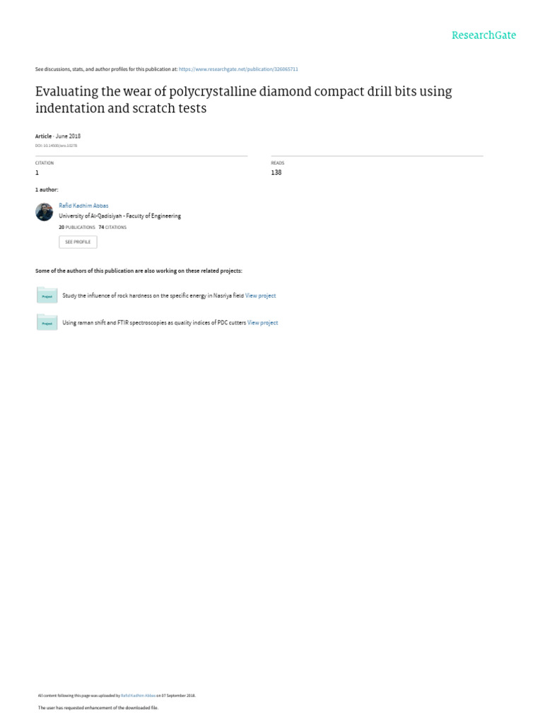 2018 - Evaluating the Wear of Polycrystalline Diamond Compact Drill Bits Using Indentation and ...