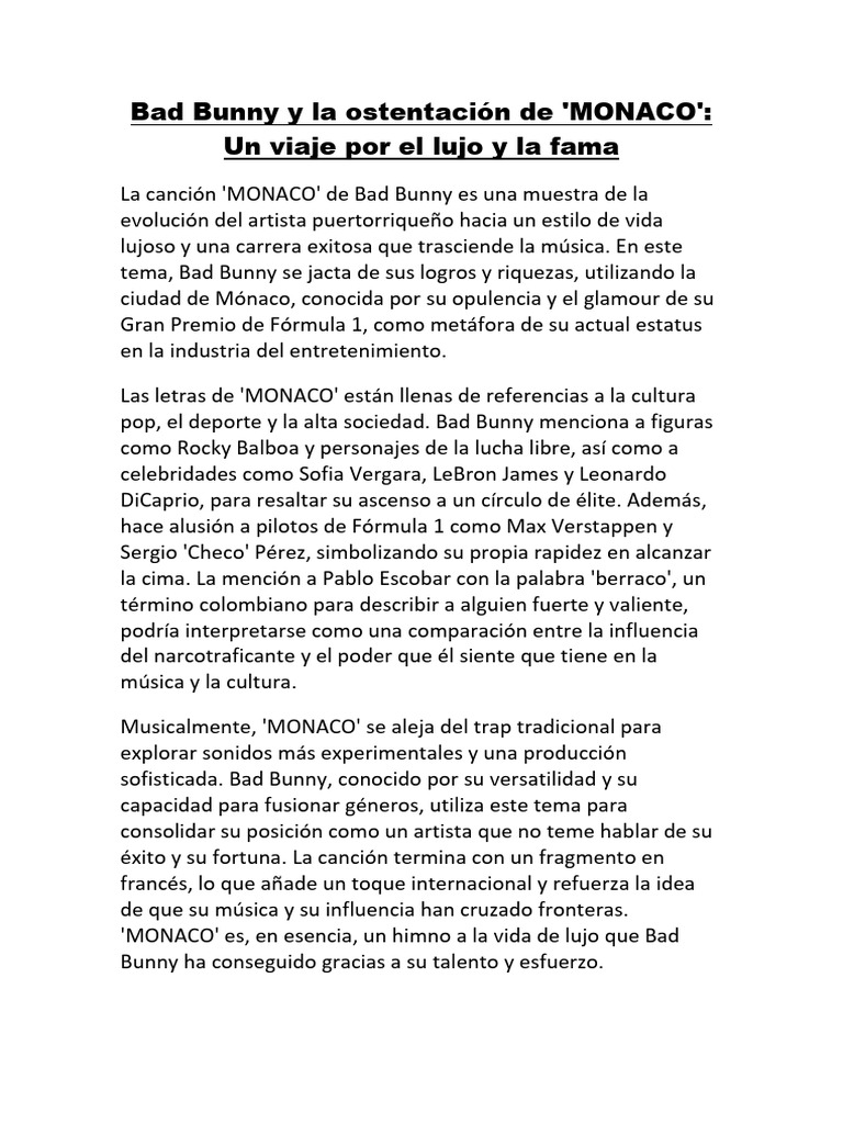 Analisis de Letra Cancion Monaco - Bad Bunny | PDF