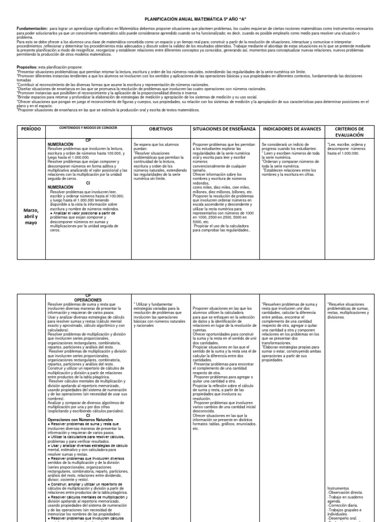 Planificación Anual Matemática 5º Año Pdf División Matemáticas 9886