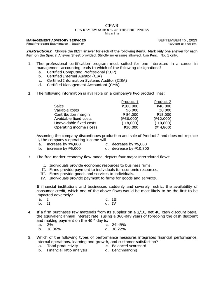 CPAR Final Pre-board Exam 2023 | PDF | Net Present Value | Internal Rate Of Return