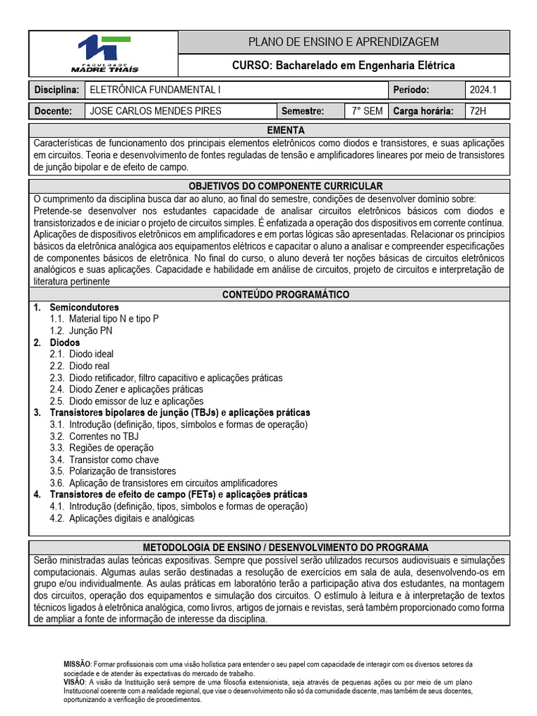 Plano de Ensino Eletronica Fundamental I 2024.1 | PDF | Diodo | Eletrônicos