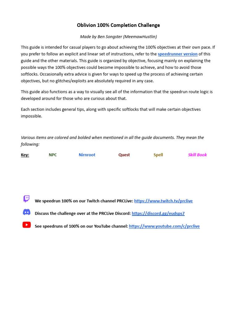 (Casual) Oblivion 100% Main Guide (START HERE) | PDF