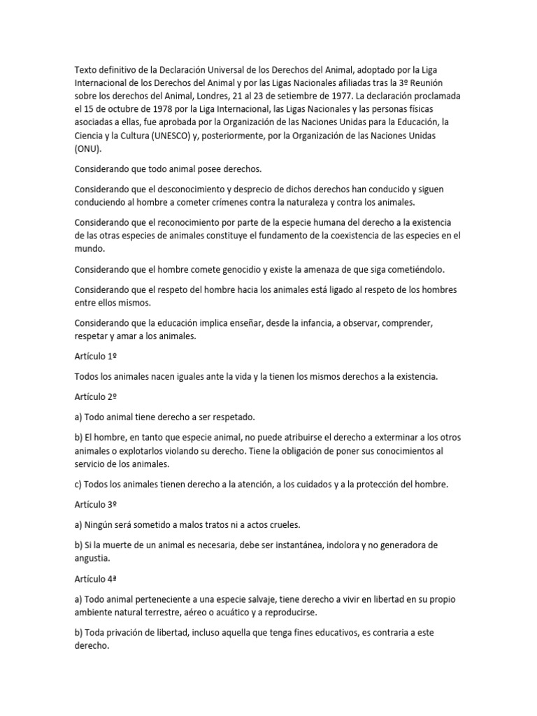 Derechos Universales de los Animales | PDF | Naciones Unidas ...