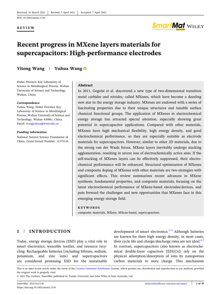 SmartMat - 2022 - Wang - Recent progress in MXene layers materials for supercapacitors High ...