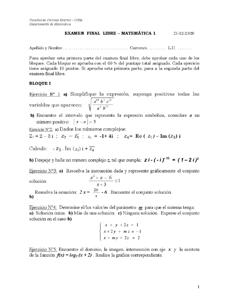 Examen Libre de Matematica I 21-12-2020 - Gabriel Guantay | PDF