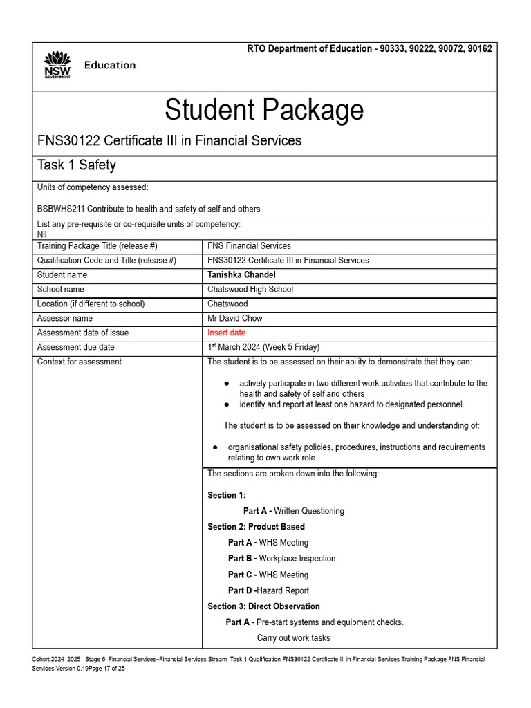 RTO 2024-2025 Fin FNS30122 Student Package Task 1 | PDF | Occupational ...