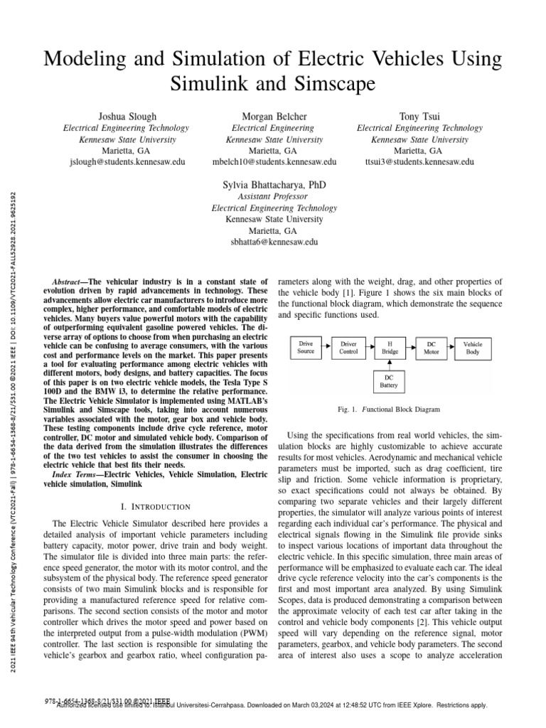 Modeling and Simulation of Electric Vehicles Using Simulink and ...
