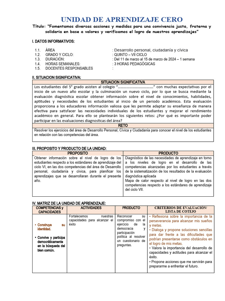 Unidad de Aprendizaje Cero - DPCC 5to Año | PDF | Evaluación | Aprendizaje Unidad de Aprendizaje Cero - DPCC 5to Año | PDF | Evaluación | Aprendizaje