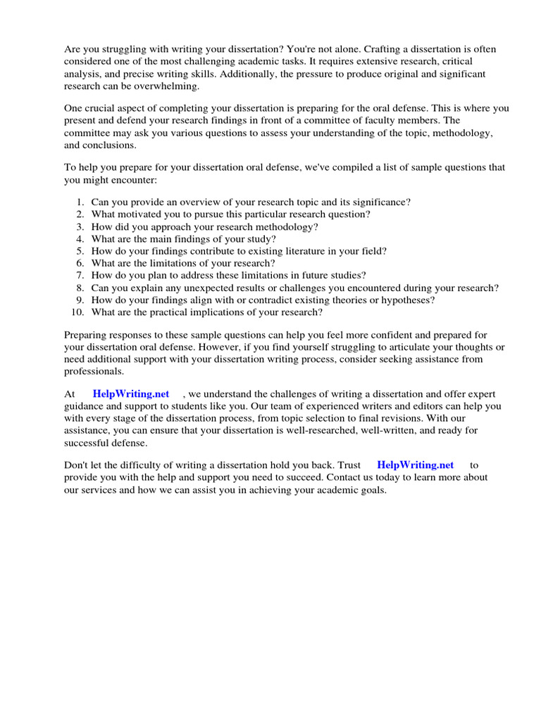 Dissertation Oral Defense Sample Questions | PDF | Thesis | Methodology Dissertation Oral Defense Sample Questions | PDF | Thesis | Methodology