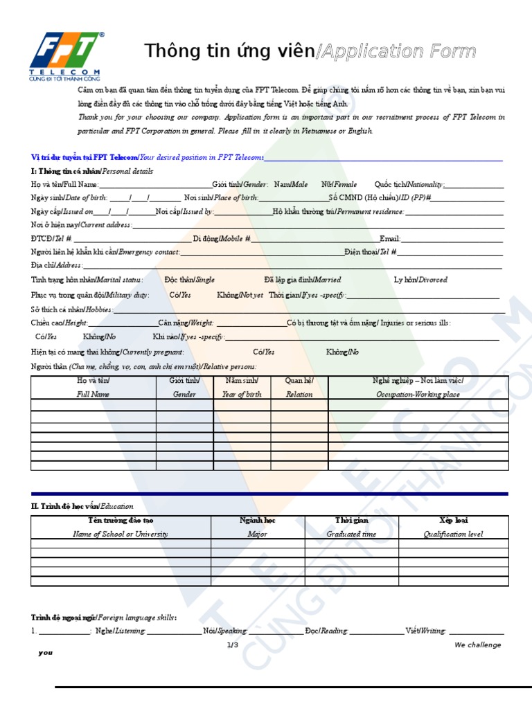 Application Form To FPT Telecom | PDF