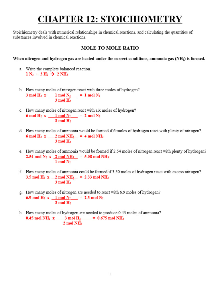 Stoichiometry: Mole and Mass Calculations | PDF | Mole (Unit) | Ammonia