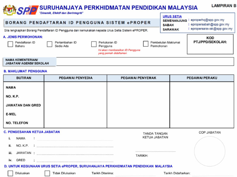 LAMPIRAN B Borang Pendaftaran ID Pengguna Sistem EPROPER | PDF