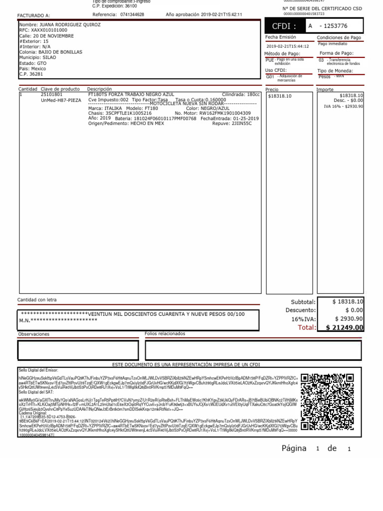 Factura CFDI Motocicleta Italika | PDF | Vehículos