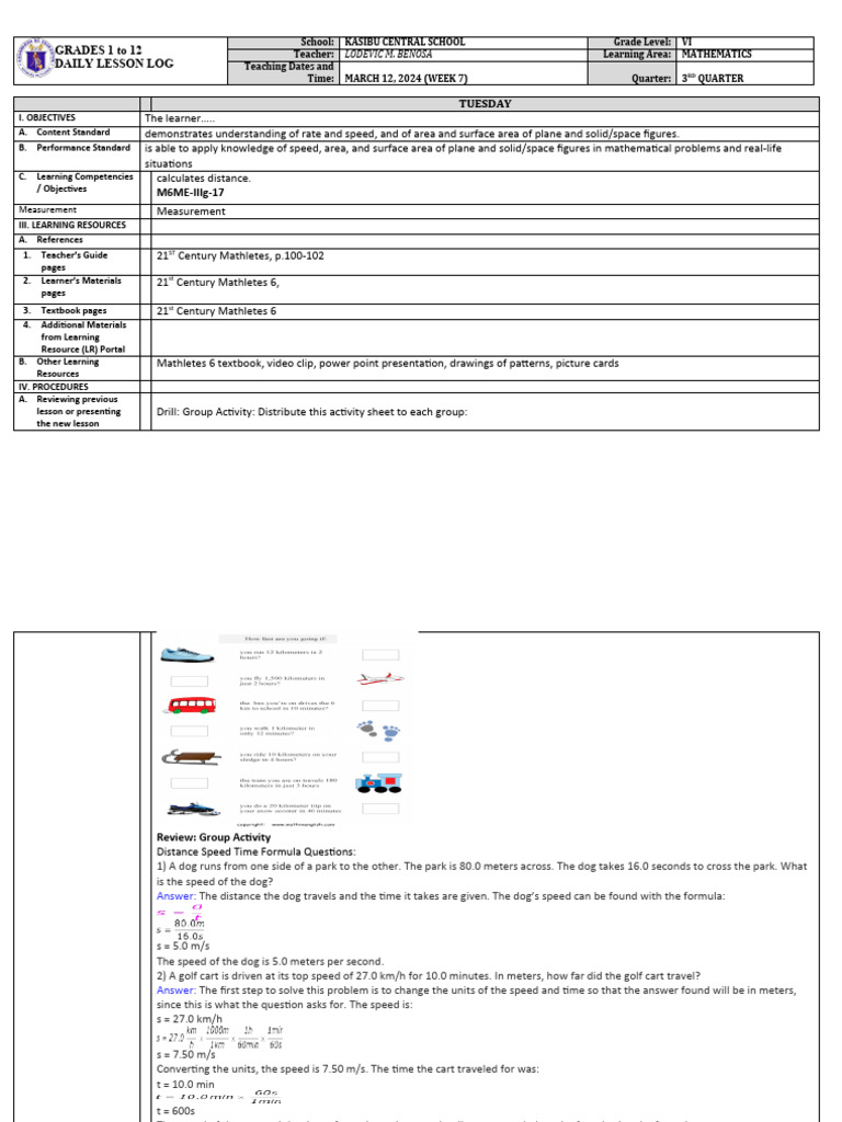 DLL - Mathematics 6 - Q3 - W7 | PDF | Speed | Time