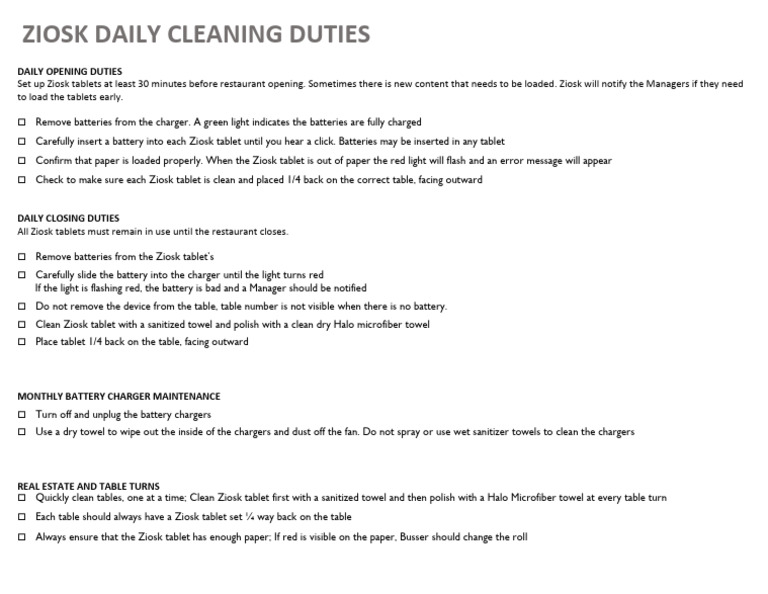Ziosk Daily Cleaning Duties | PDF