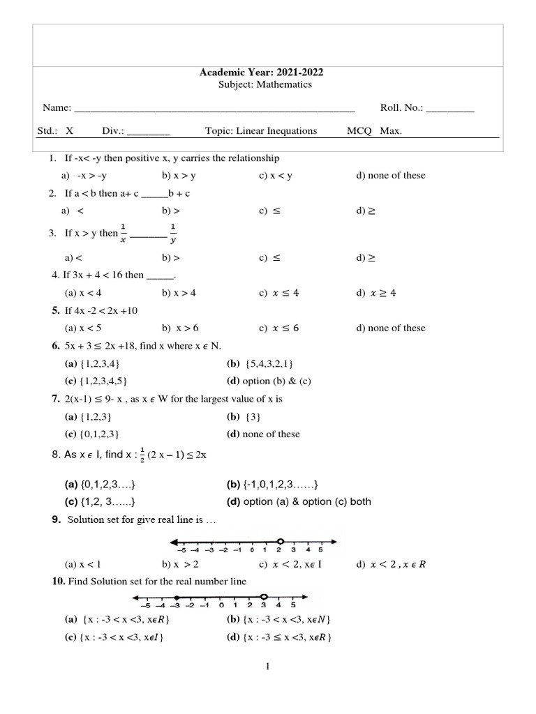MCQ - Linear Inequations | PDF