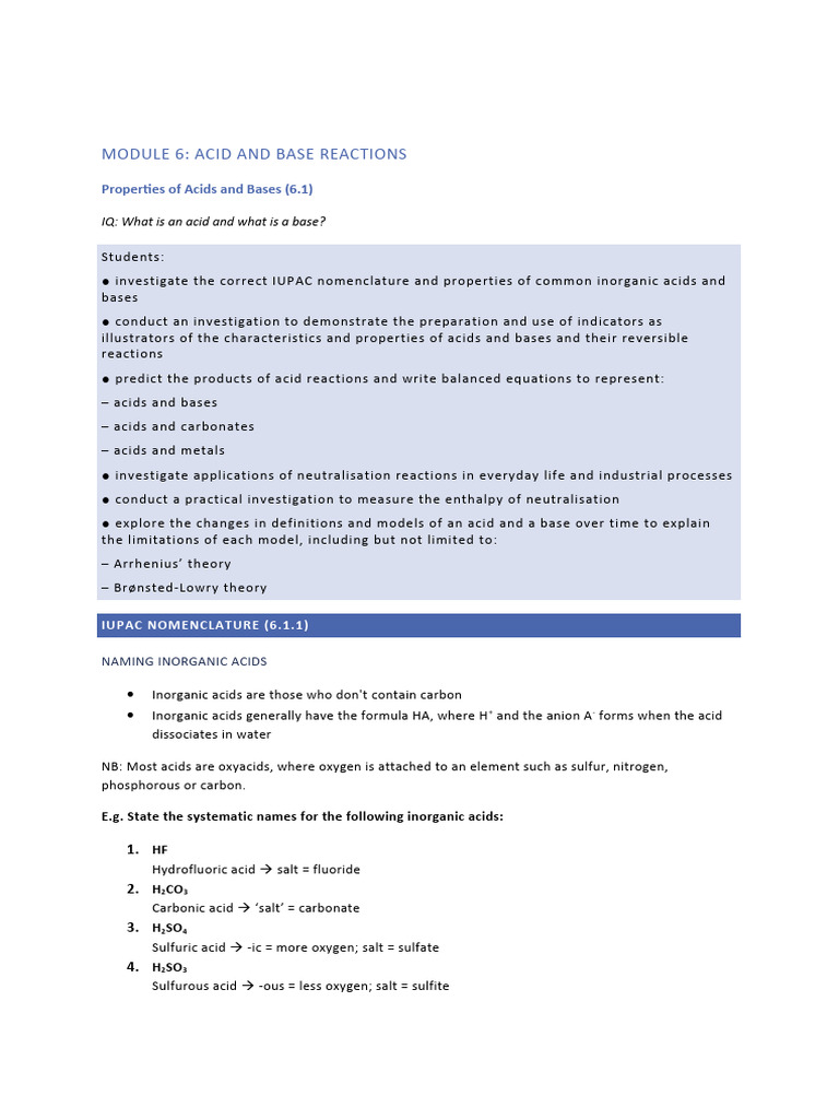 Module 6 - Acid and Base Reactions Notes | PDF | Acid | Ph