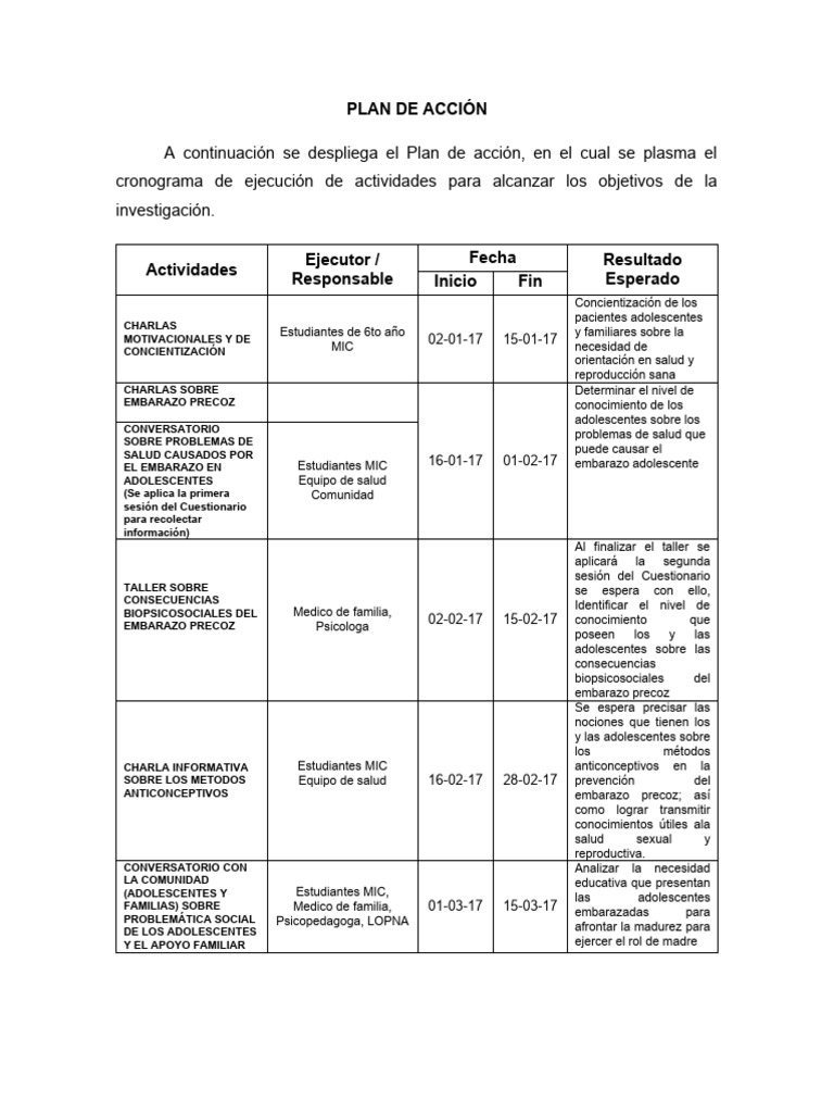 plan de accion. | PDF | Embarazo en la adolescencia | Adolescencia