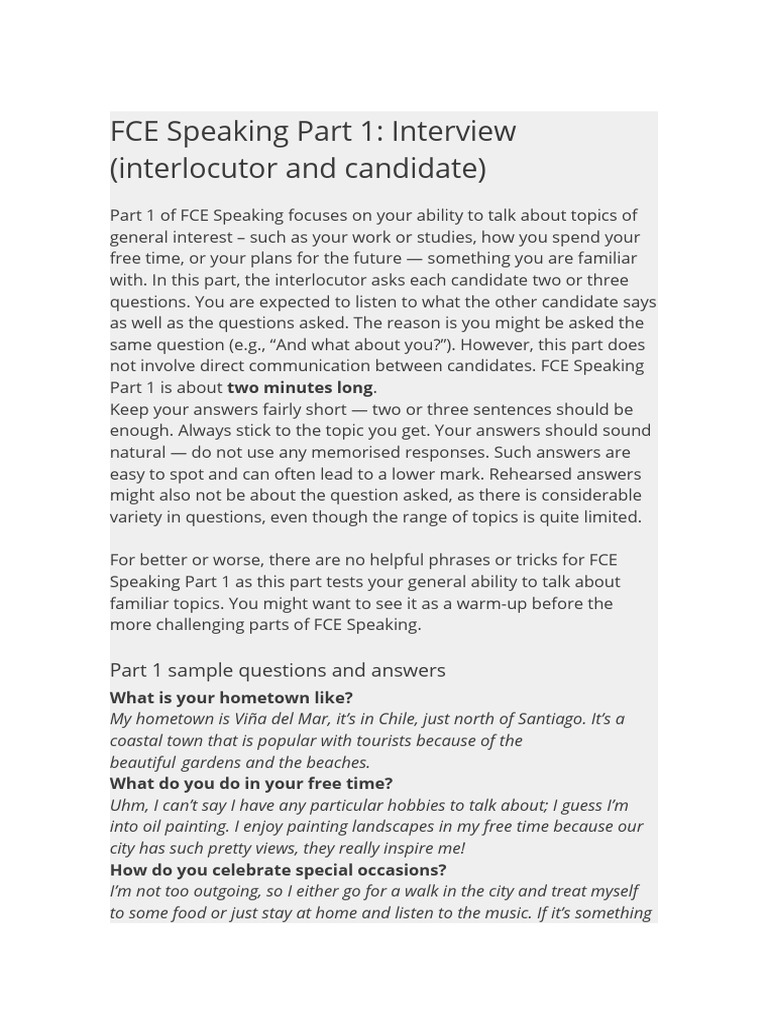 FCE Speaking Part 1 | PDF | English Language | Vocabulary