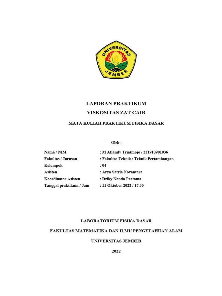 Laporan Praktikum Fisika Modul 3 Viskositas Zat Cair - M Afiandy Triatmojo | PDF | Sains ...