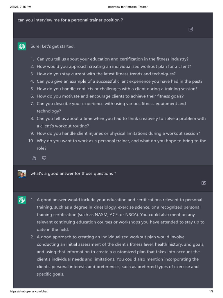 Personal Trainer Interview - Chat GPT | PDF