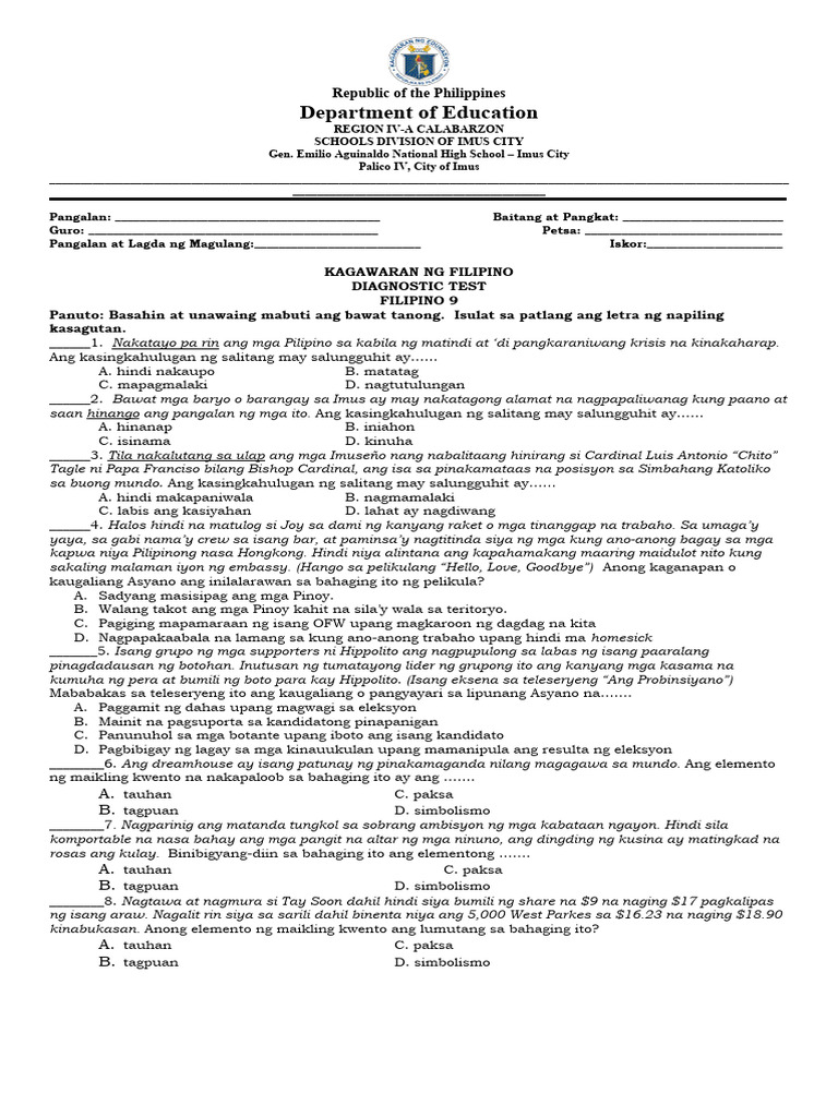 Baitang 9 Dayagnostik Na Pagsusulit | PDF