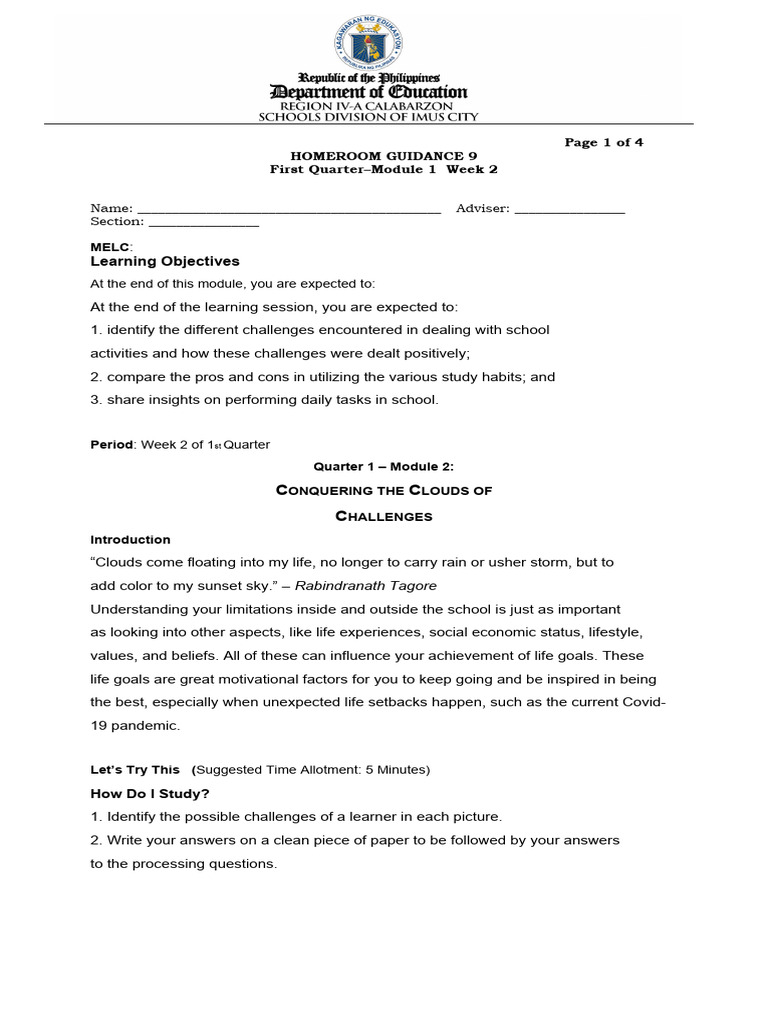 Learning Objectives: Page 1 of 4 Homeroom Guidance 9 First Quarter ...