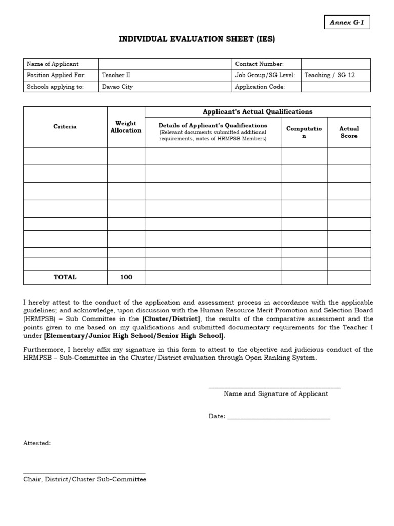 Annex G-1 - Individual Evaluation Sheet | PDF