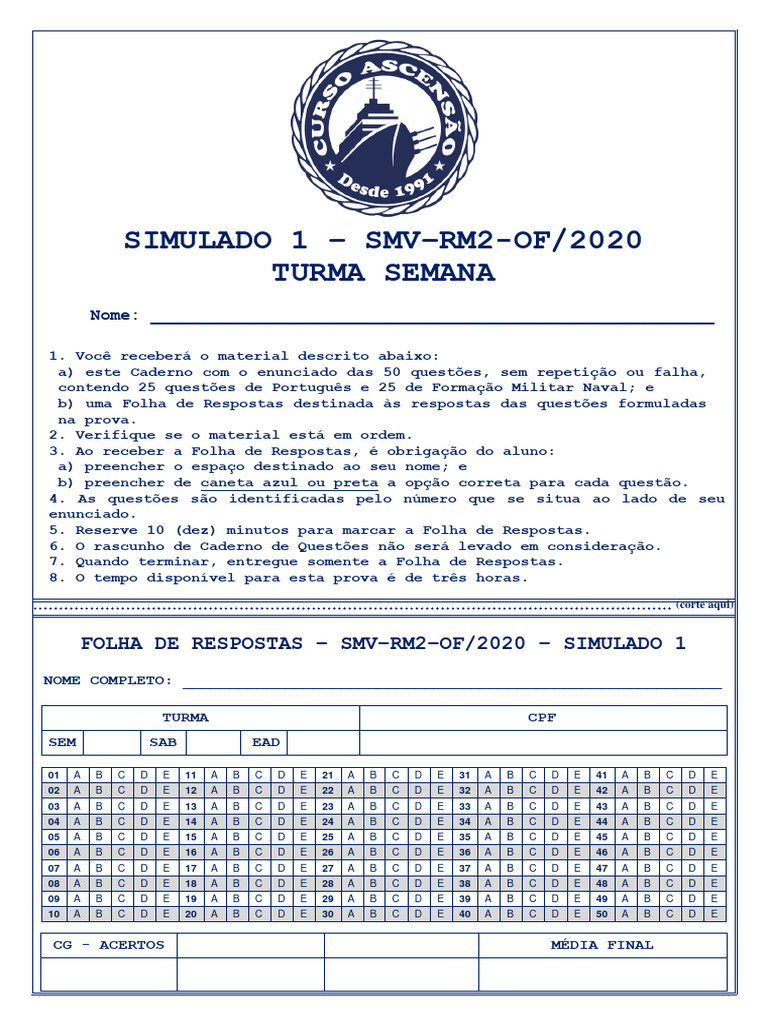 RM2 - Oficiais - 2020 - Simulado 01 - Semana | PDF | Polícia | Militar