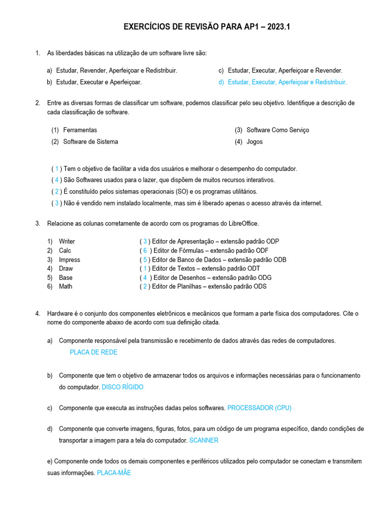 Exercícios - Revisão AP1 -2023.1 - GABARITO | PDF | Armazenamento de dados de computador | Programas