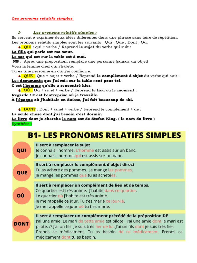 Les pronoms relatifs simples expliqués | PDF | Biscuit | Linguistique