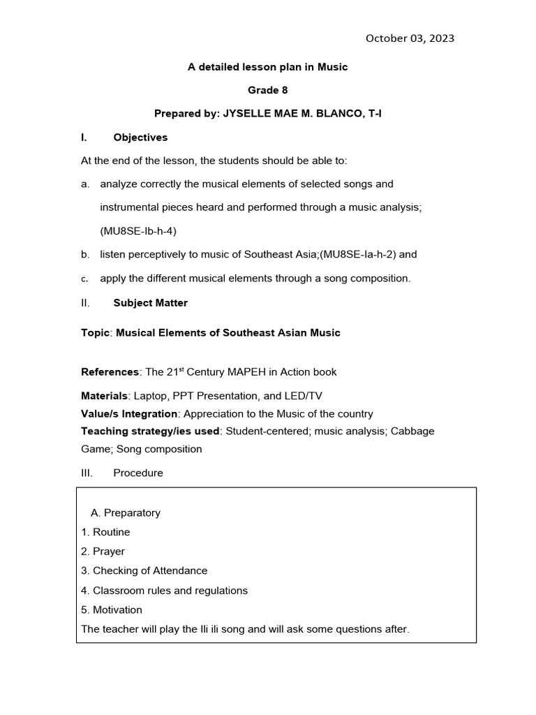A Detailed Lesson Plan in Music 8 - Oct 3 | PDF | Harmony | Rhythm