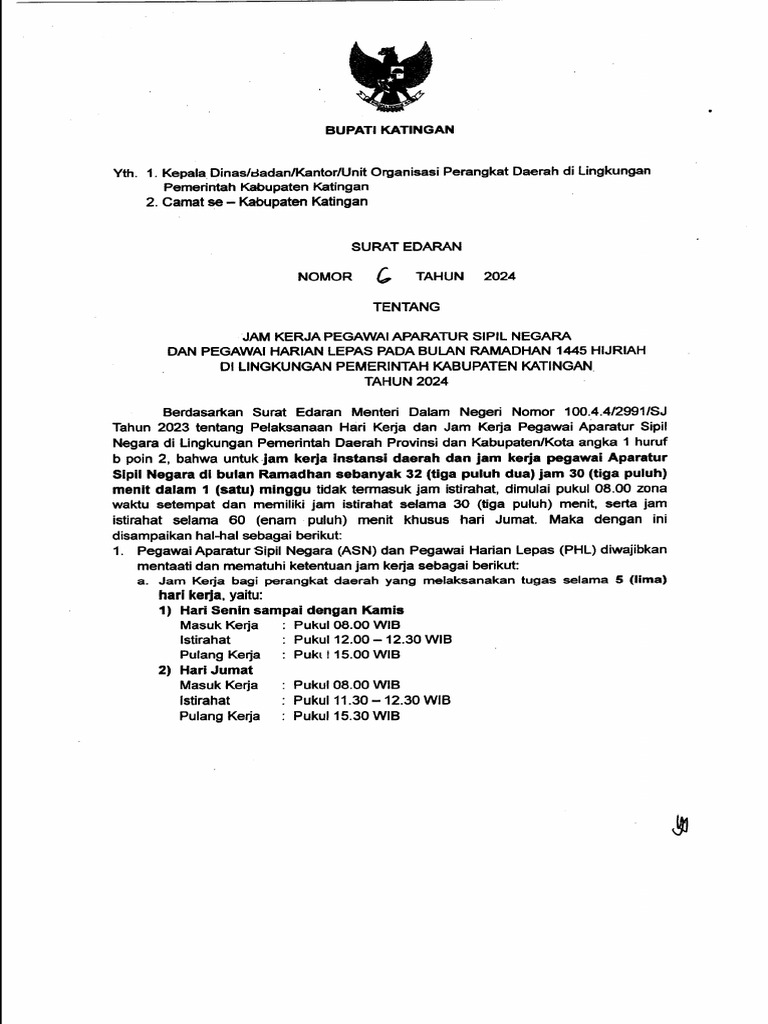 SE Jam Kerja Bulan Ramadhan 1445 H Kabupaten Katingan | PDF