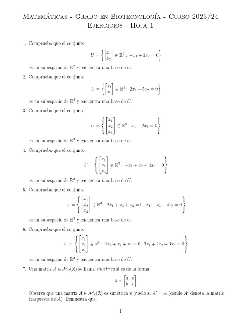 Hoja 1 - Algebra Lineal A | Descargar gratis PDF | Matriz (Matemáticas ...