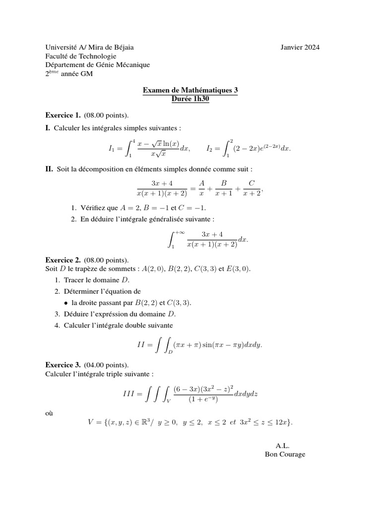 Sujet + Corrigé Maths 3 2023 2024 + Barème | PDF | Mathématiques