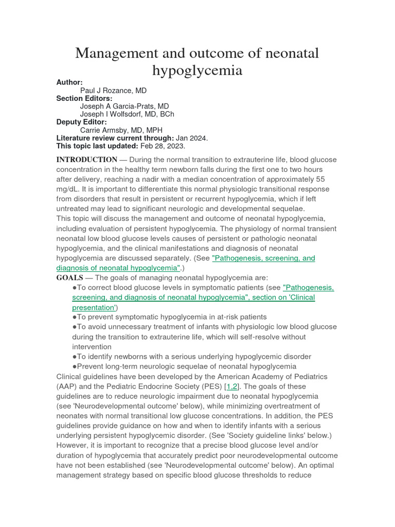 Management and Outcome of Neonatal Hypoglycemia | Download Free PDF ...