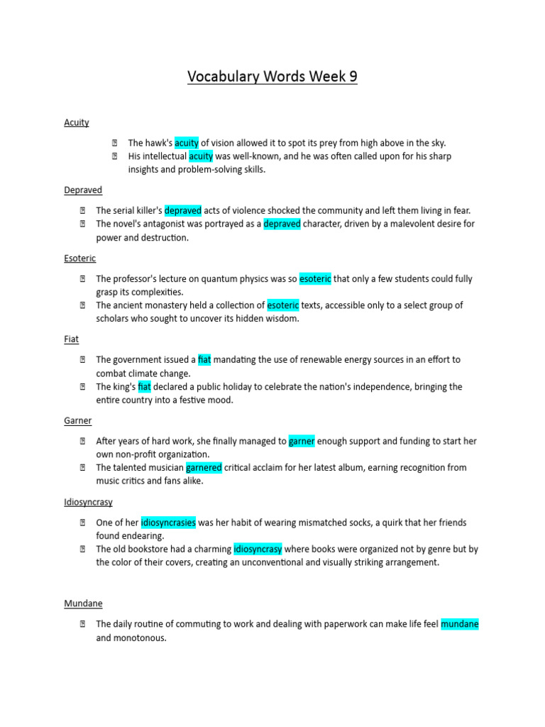 Vocabulary Words Week 9 | PDF
