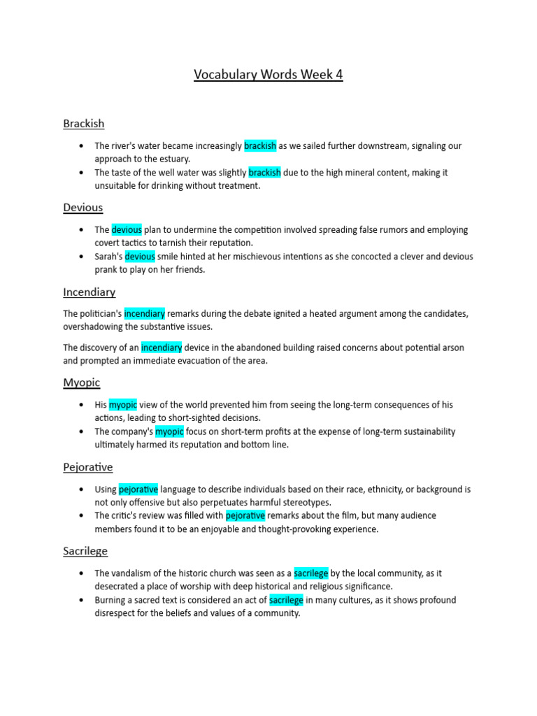 Vocabulary Words for Week 4 | PDF