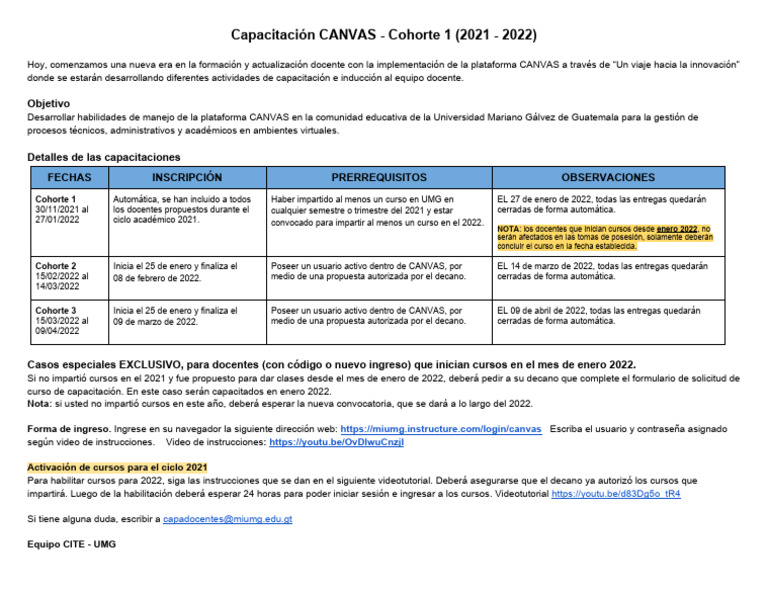 Copia de Información Capacitación CANVAS UMG - Cohorte 1 | PDF ...