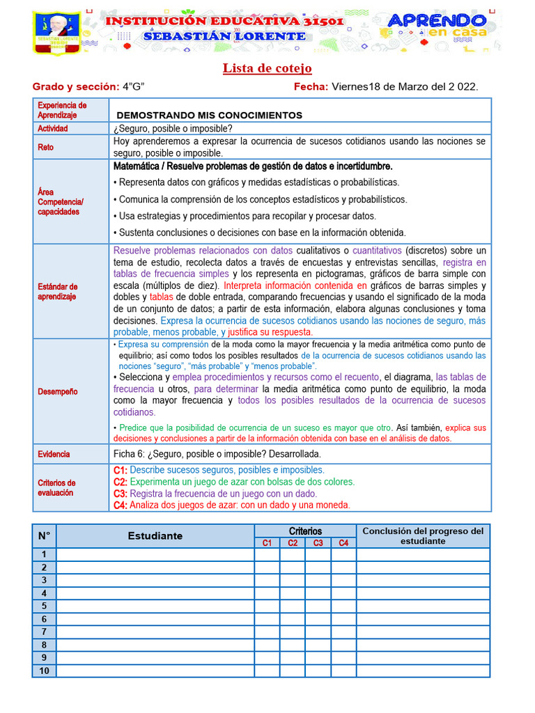 Lista Cotejo Mat Ficha 6 Viernes 18 de Marzo | PDF | Estadísticas | Probabilidad