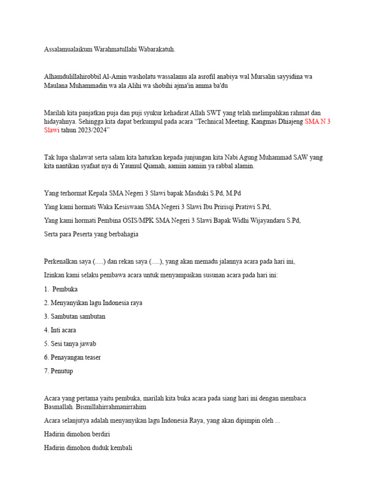 Contoh Teks MC Technical Meeting Acara Sekolah | PDF