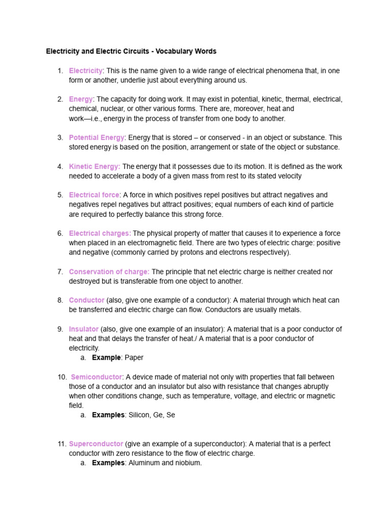 Electricity and Electric Circuits - Vocabulary Words | PDF ...