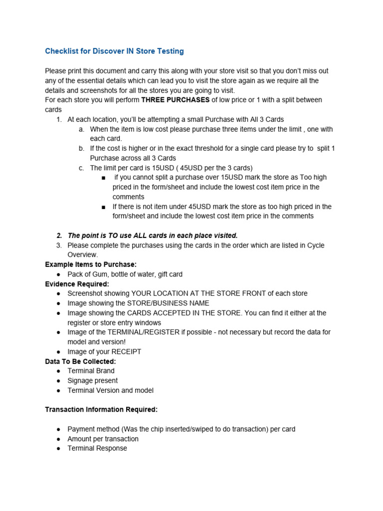 Checklist For Discover Global in Store Testing - v063020 | PDF ...