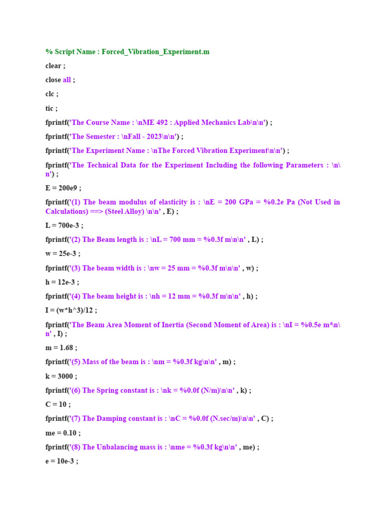 Forced Vibration Experiment Matlab Program | PDF | Damping | Beam ...