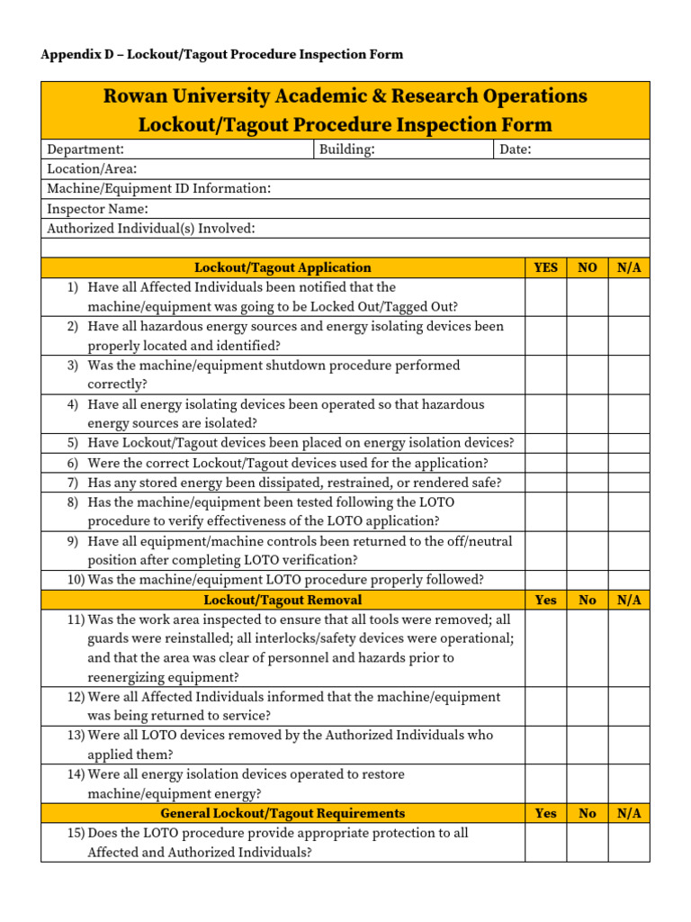 Appendix D Lockout Tagout Procedure Inspection Form | PDF | Safety ...