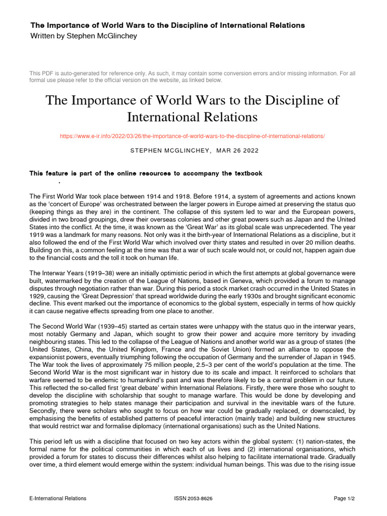 The Importance of World Wars To The Discipline of International ...