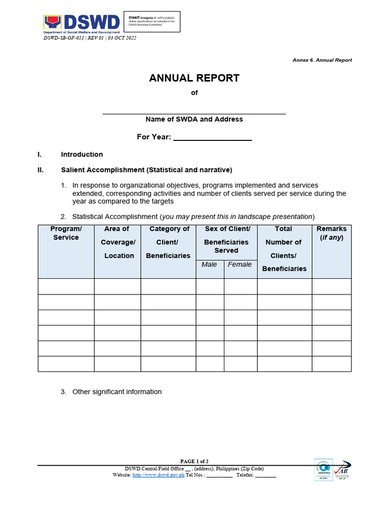 DSWD SB GF 051 - REV 01 - Annual Report | PDF