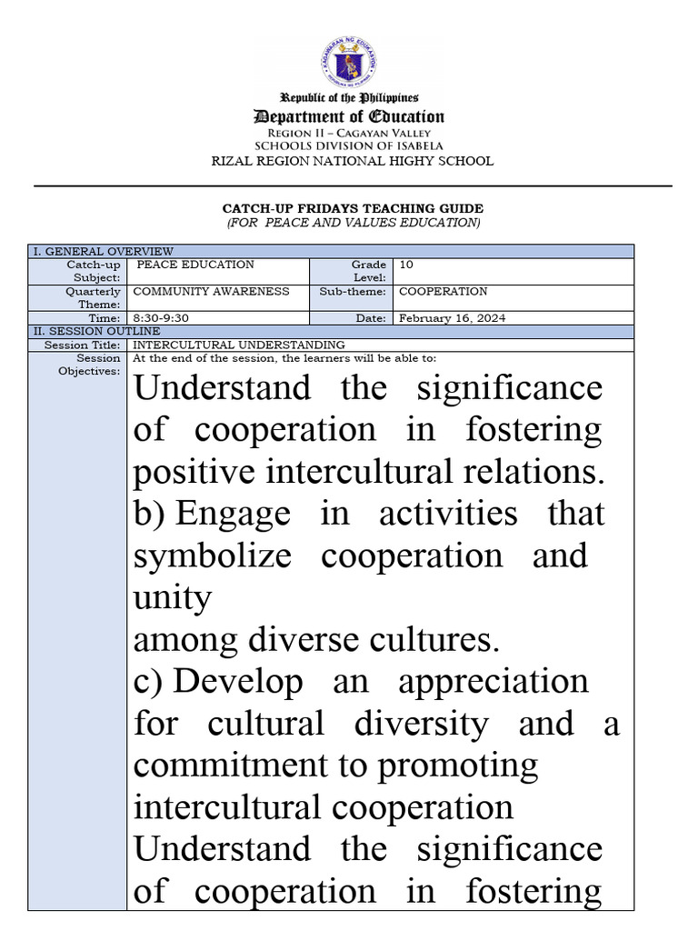 Catch Up Friday Peace Education G10 | PDF | Learning | Psychology