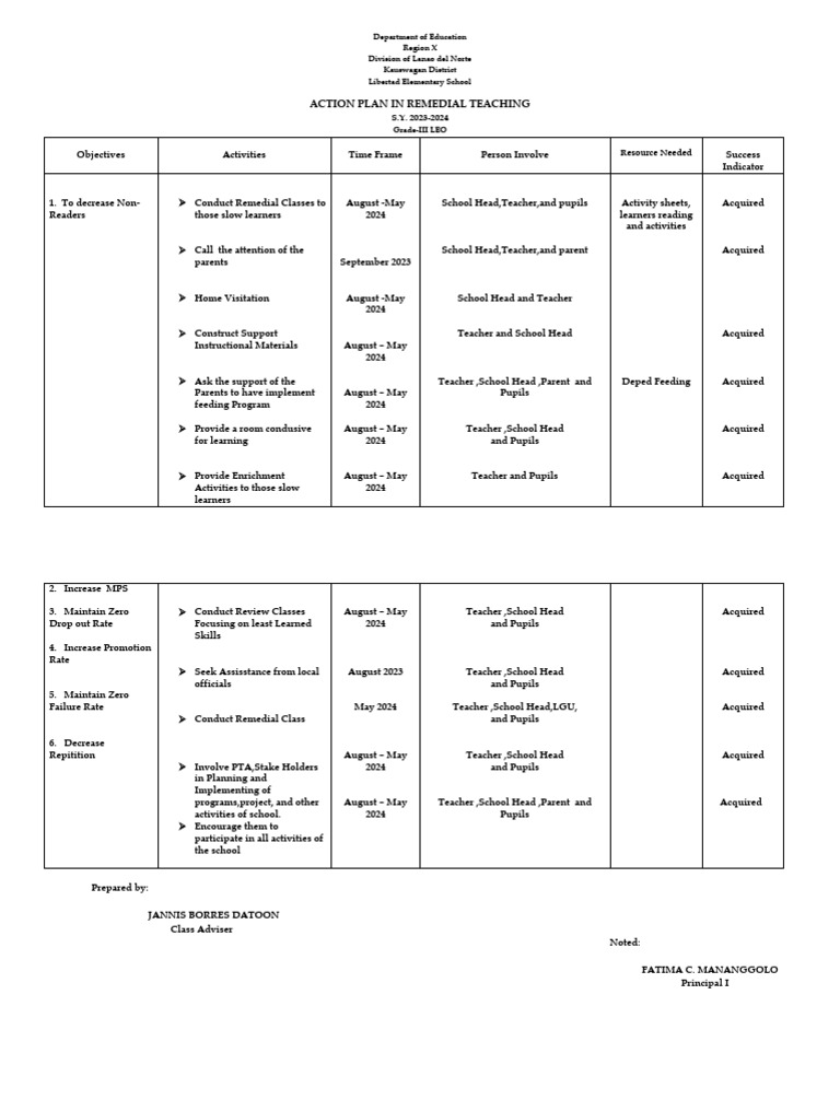 ACTION PLAN IN REMEDIAL | PDF